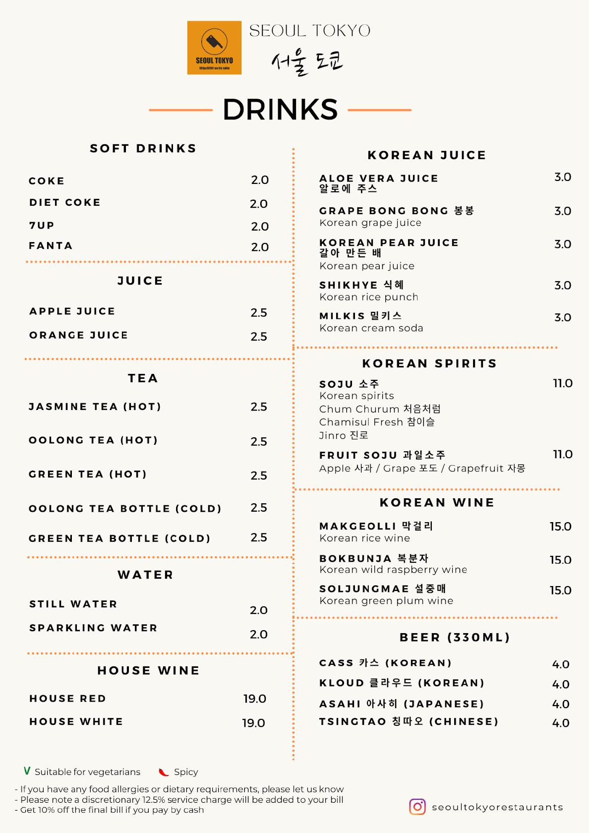 Carta del restaurante Seoul Tokyo, Londres