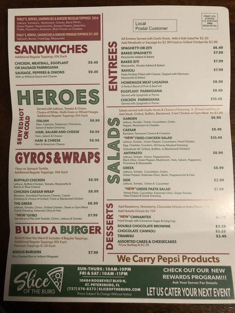 Menu at Slice of The Burg pizzeria, Saint Petersburg
