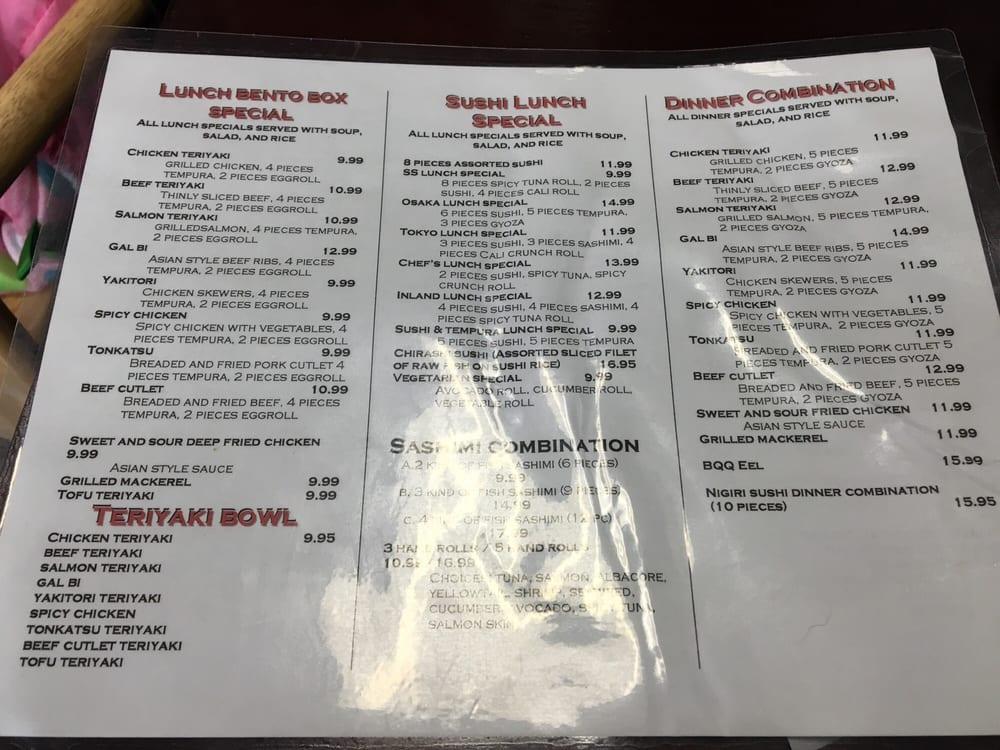 Menu at Sugoi Sushi restaurant, Beaumont