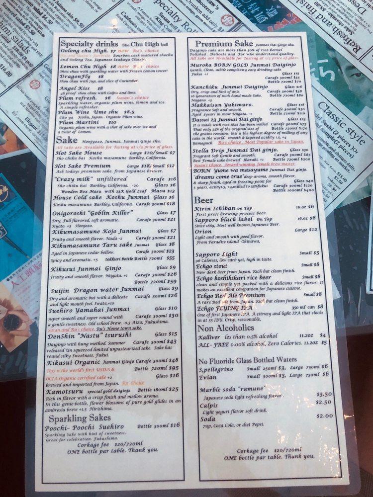 Menu at Sushi In the Raw restaurant, Nevada City, 135 Argall Way
