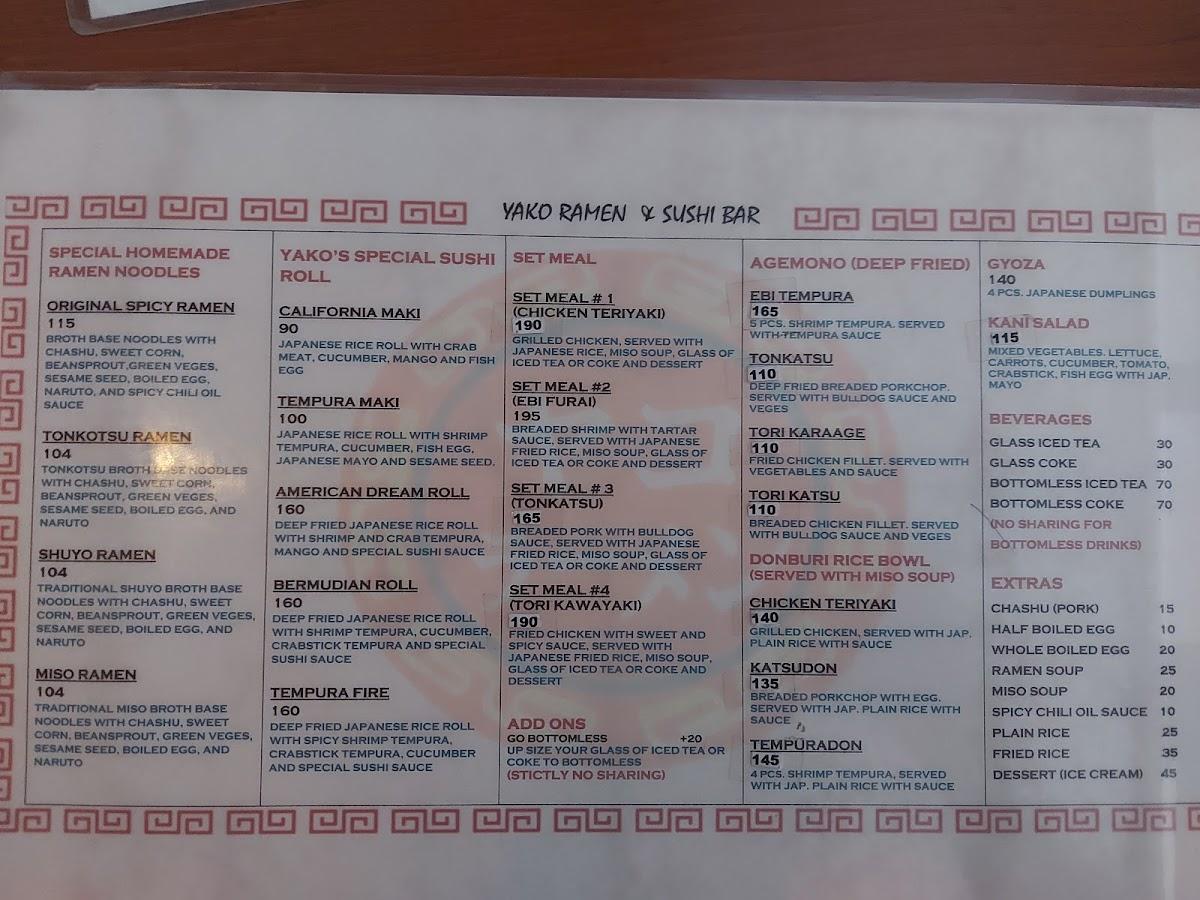 Menu at Yako Ramen House restaurant, Mandaluyong