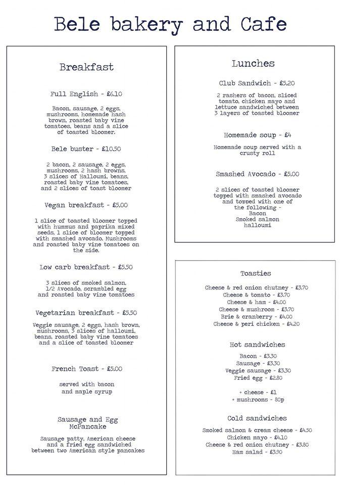 Carta de Bele Bakery and cafe, New Mills