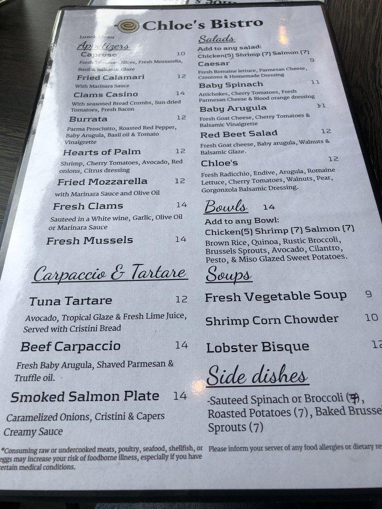 Menu at Chloe's Bistro restaurant, Boca Raton