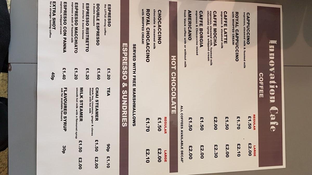 Menu at Innovation cafe, Doncaster