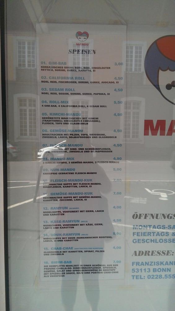Menu at Mandu restaurant, Bonn
