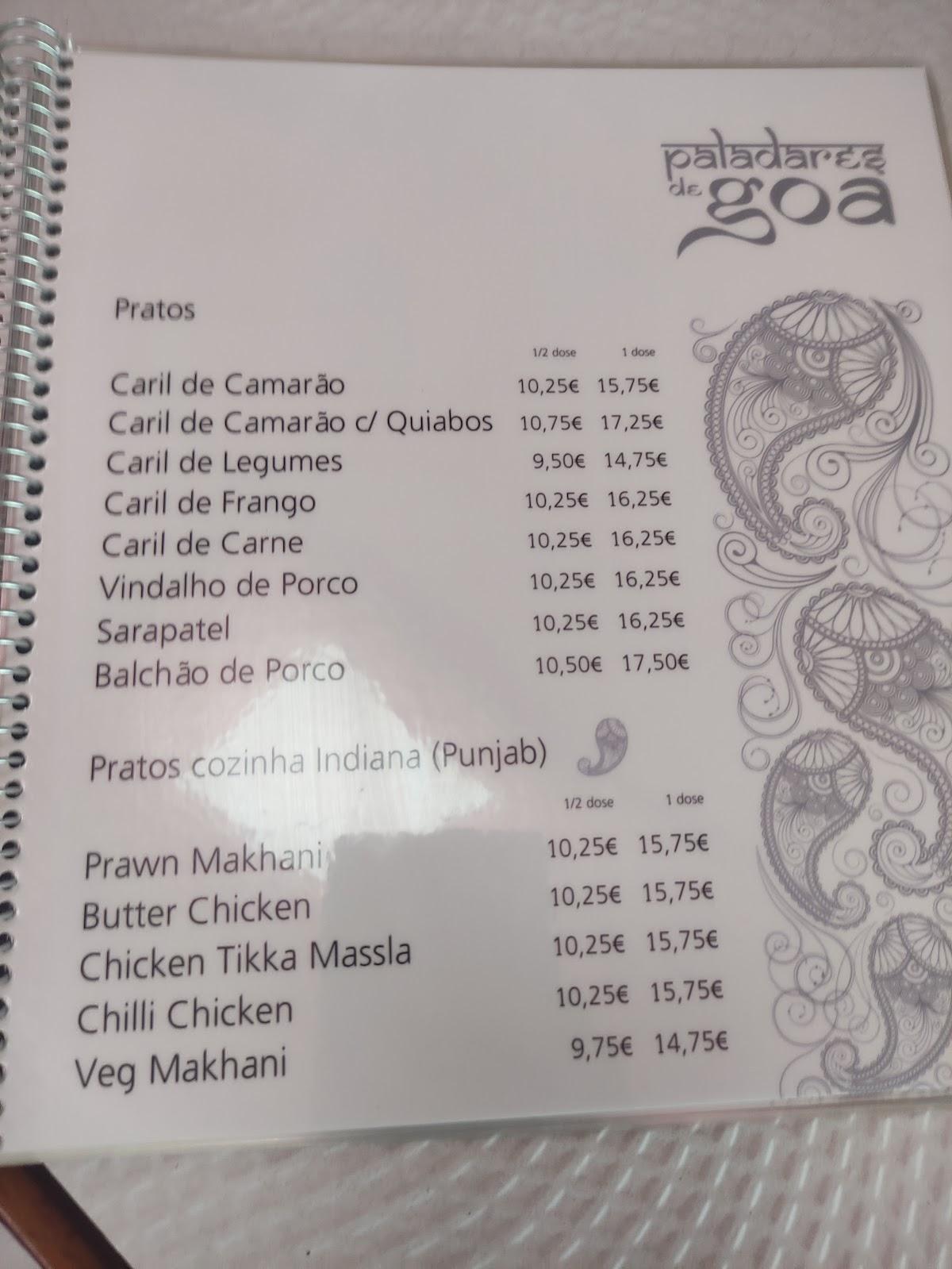 Menu em Paladares de Goa restaurante, Maia