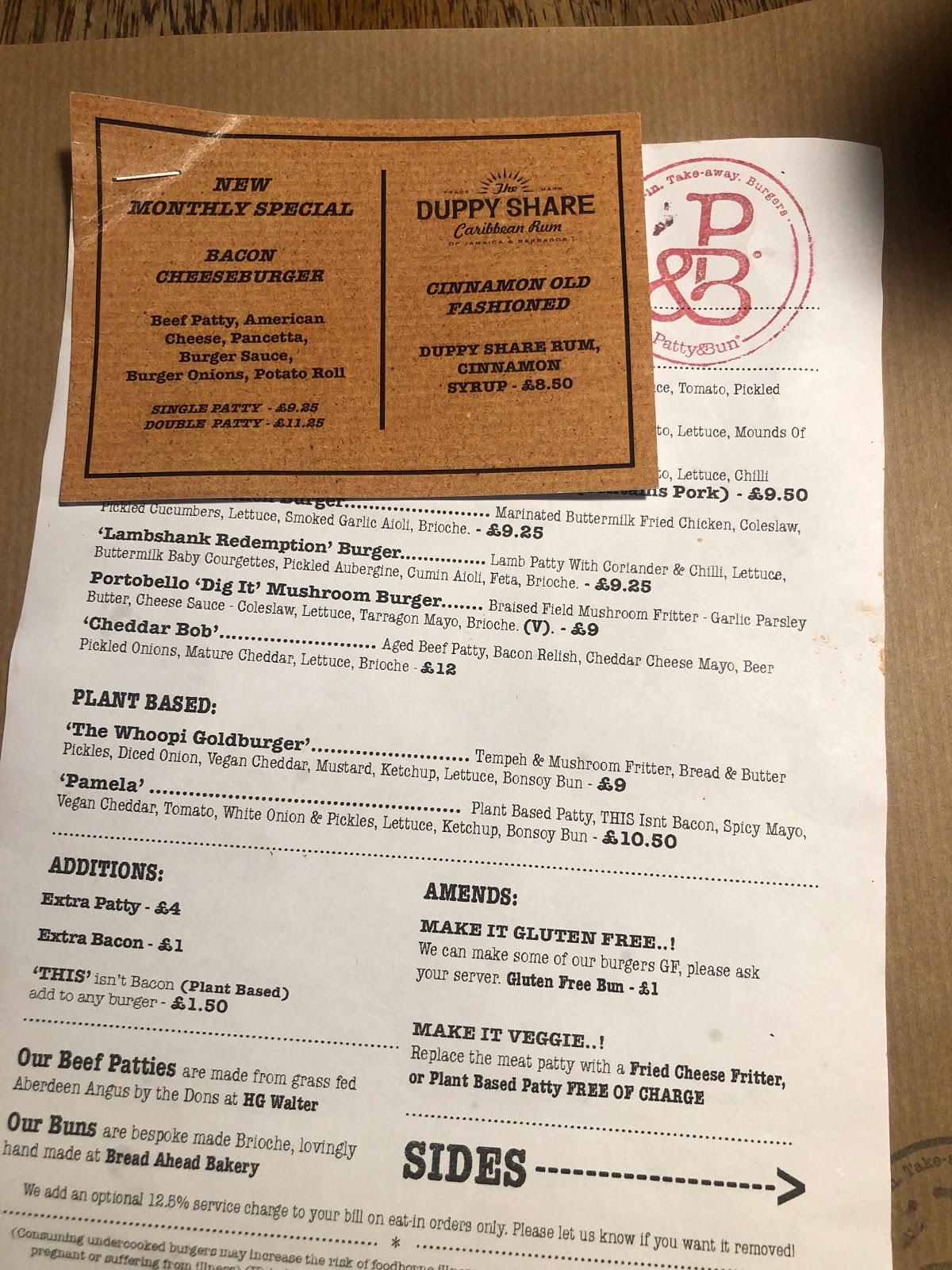 Menu at Patty&Bun restaurant, London, 54 James St