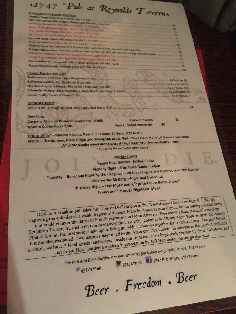 Menu at Reynolds Tavern and 1747 Pub, Annapolis