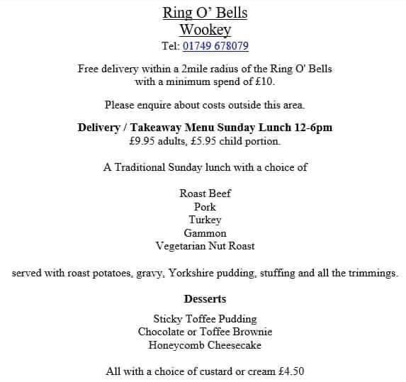 Menu at Ring O' Bells Wookey pub & bar, Wells