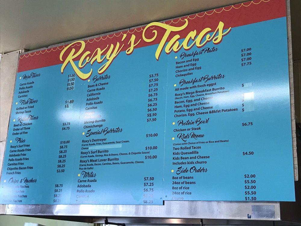 Menu at Roxy’s Tacos restaurant, San Diego