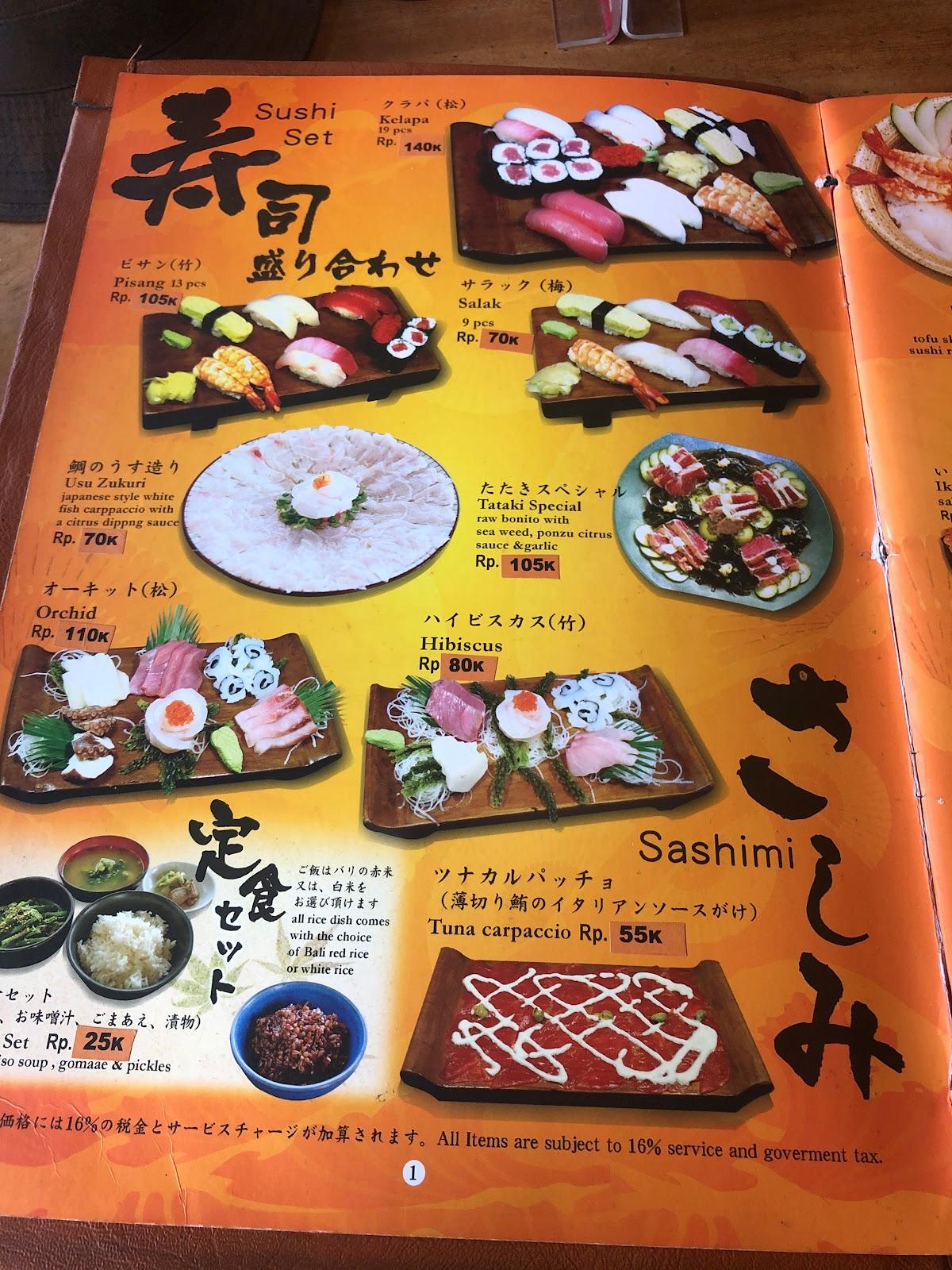 Menu at Ryoshi Japanese Restaurant Ubud, Ubud