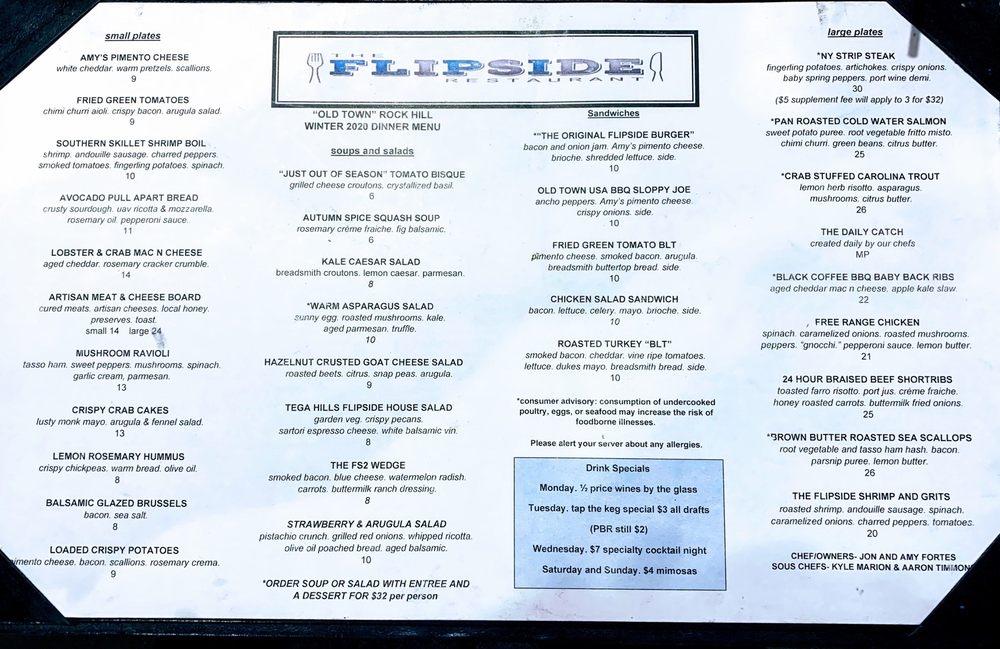 Menu at The Flipside Restaurant, Rock Hill