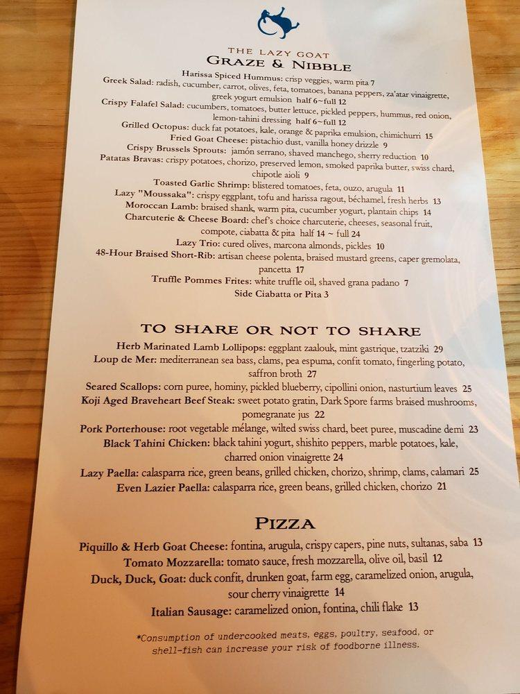 Menu at The Lazy Goat restaurant, Greenville, 170 Riverplace