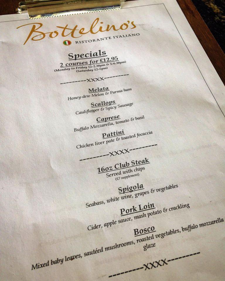 Menu at Bottelino's restaurant, Portishead, Harbour Rd