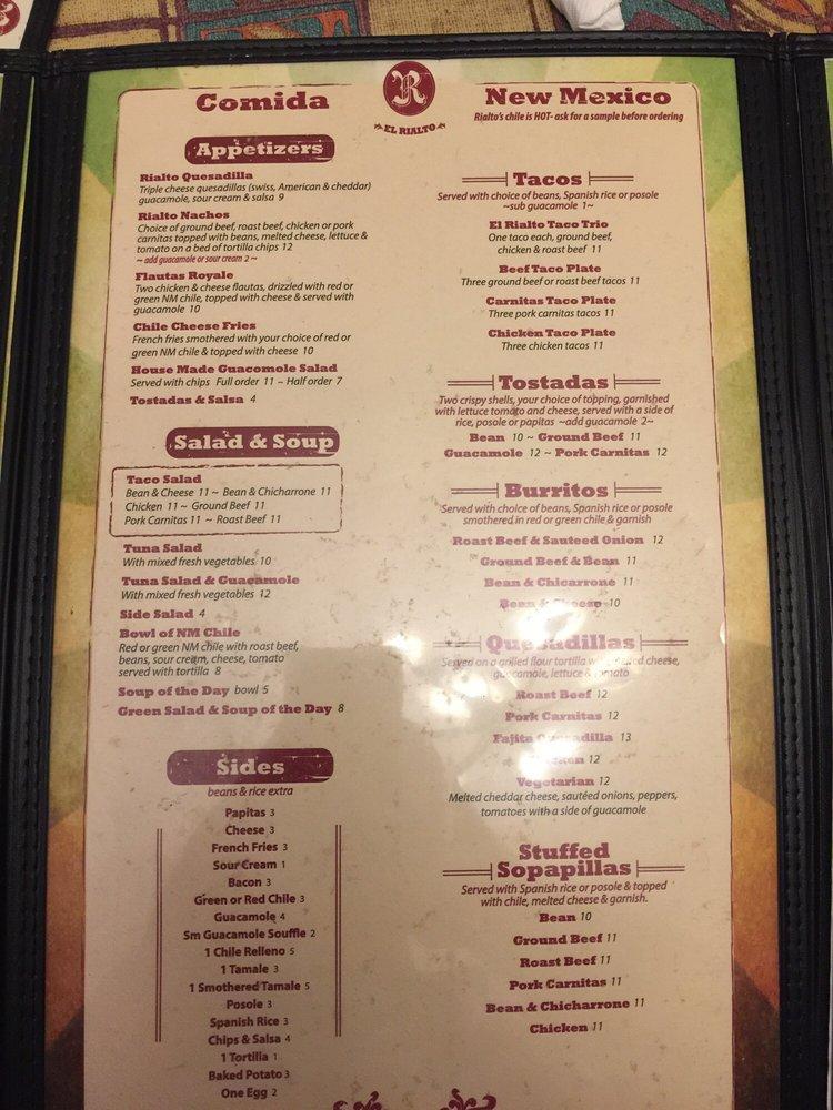 Menu at El Rialto Restaurant, Las Vegas