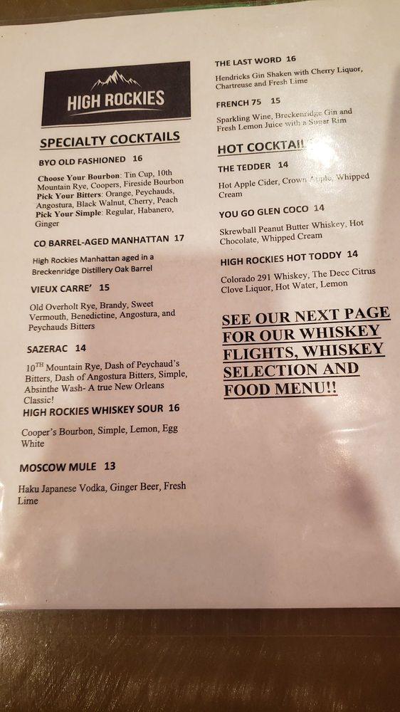 Menu at High Rockies Whiskey and Wine Bar, Copper Mountain