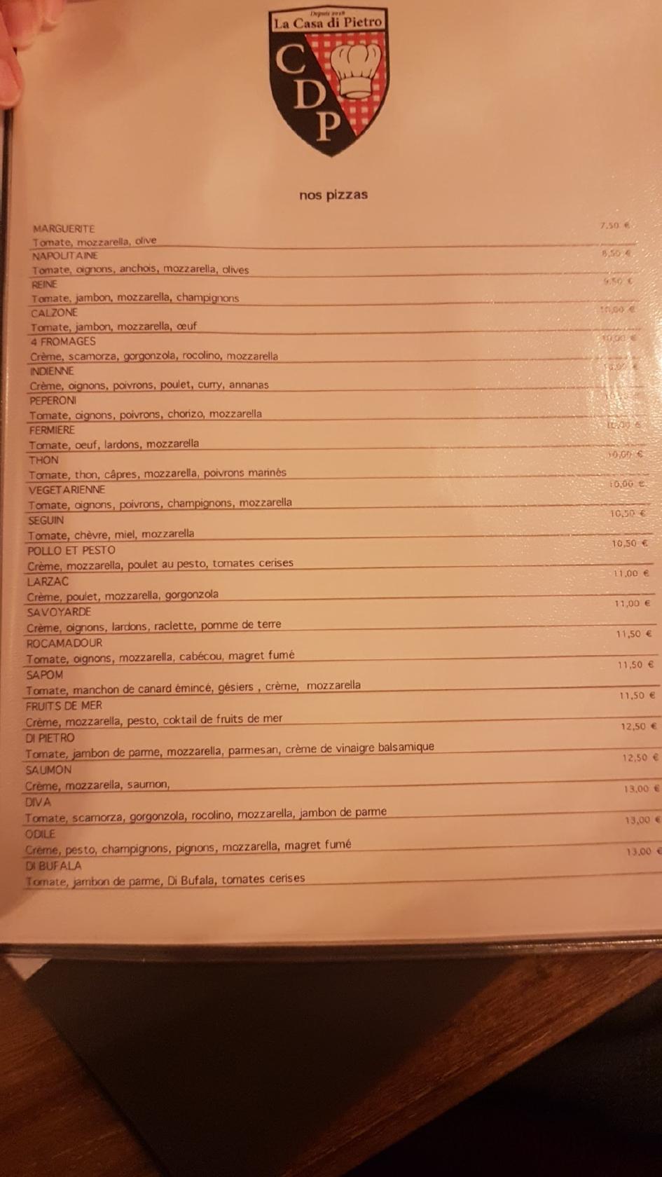 Menu at La Casa Di Pietro pizzeria, Onet-le-Château