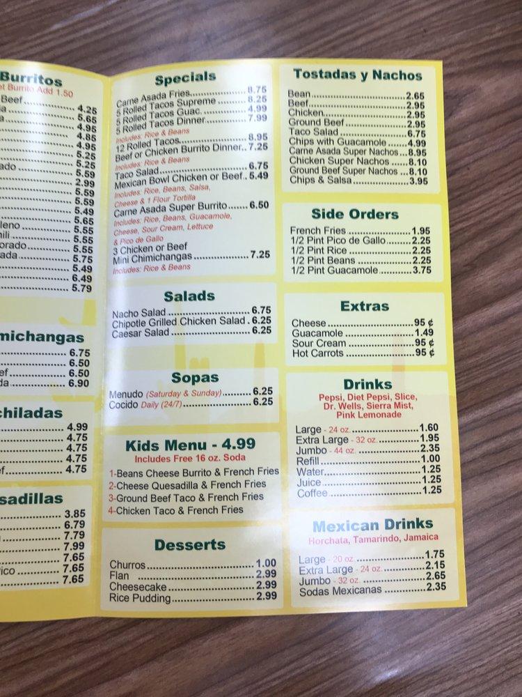 Menu at Los Betos restaurant, Mesa