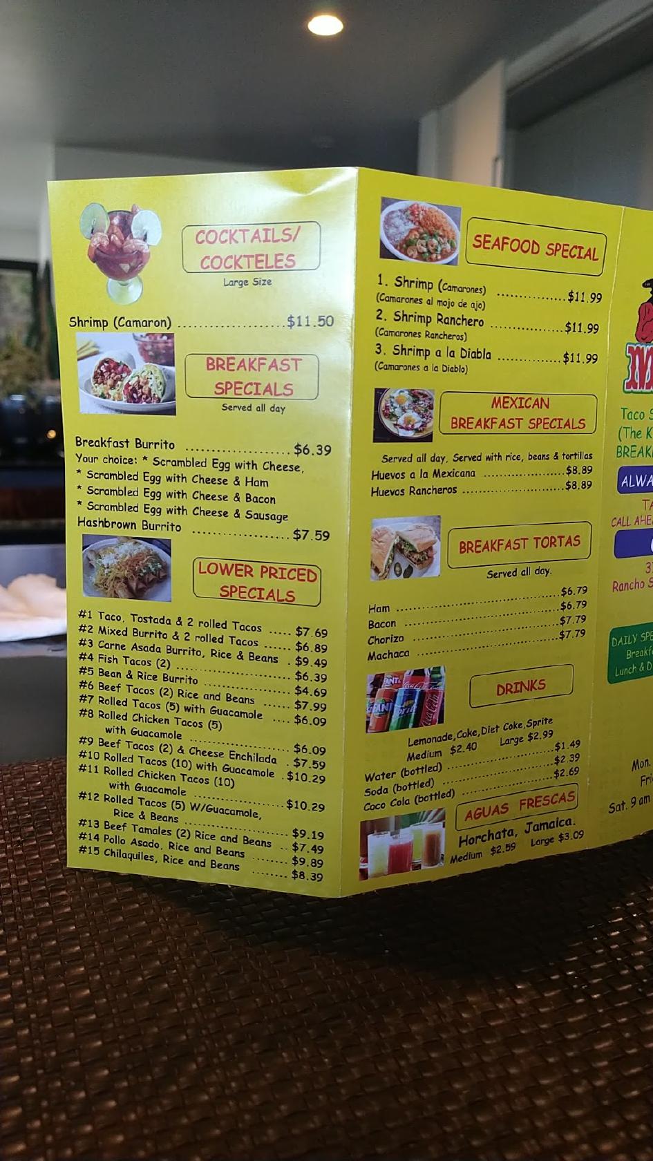 Menu at Macho's Taco Shop restaurant, La Mesa