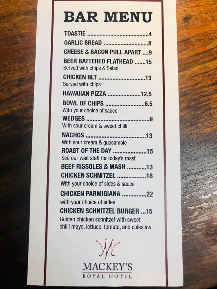 Menu at Mackey's Royal Hotel pub & bar, Latrobe