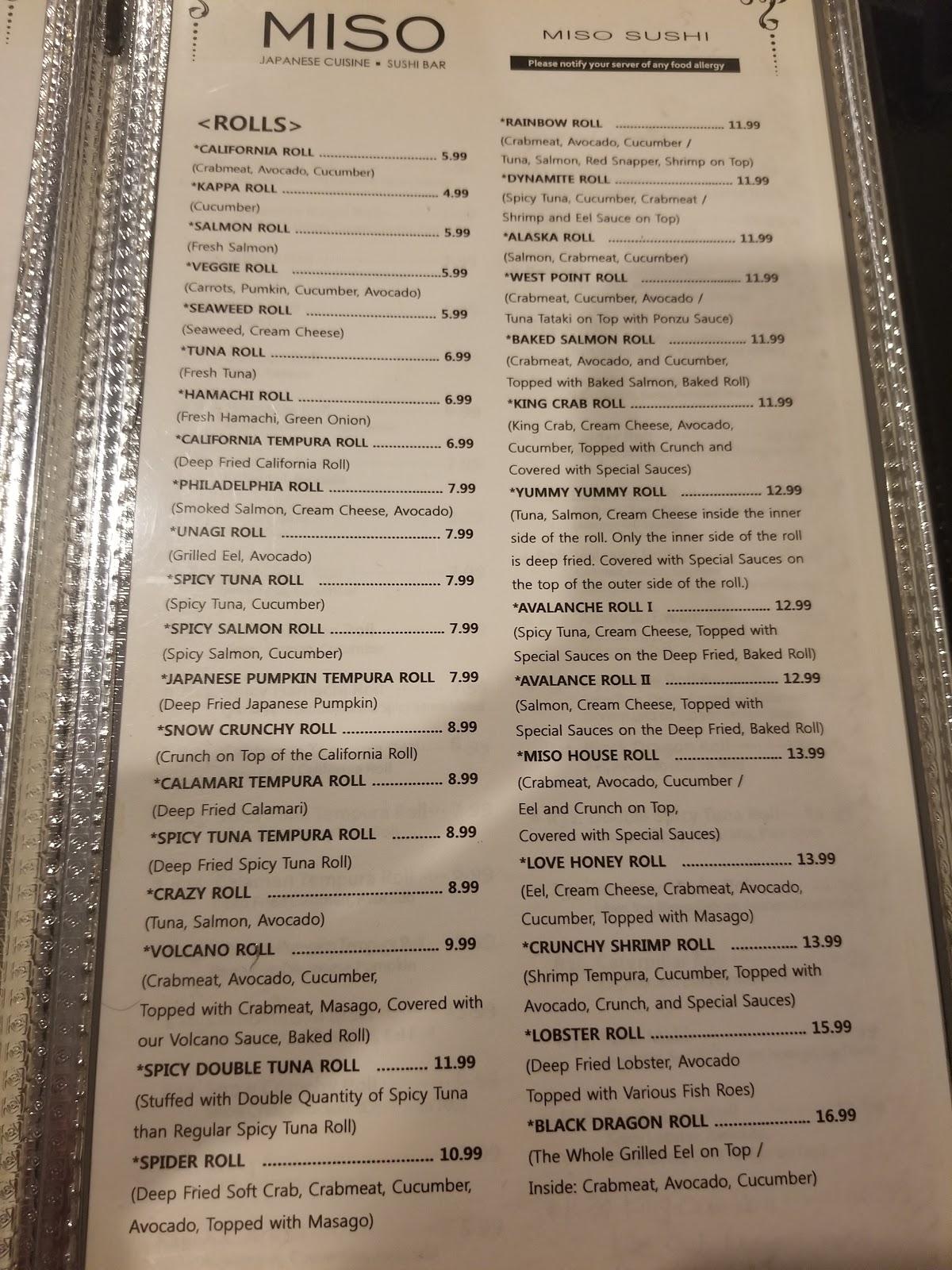 Menu at Miso Sushi House restaurant, West Point