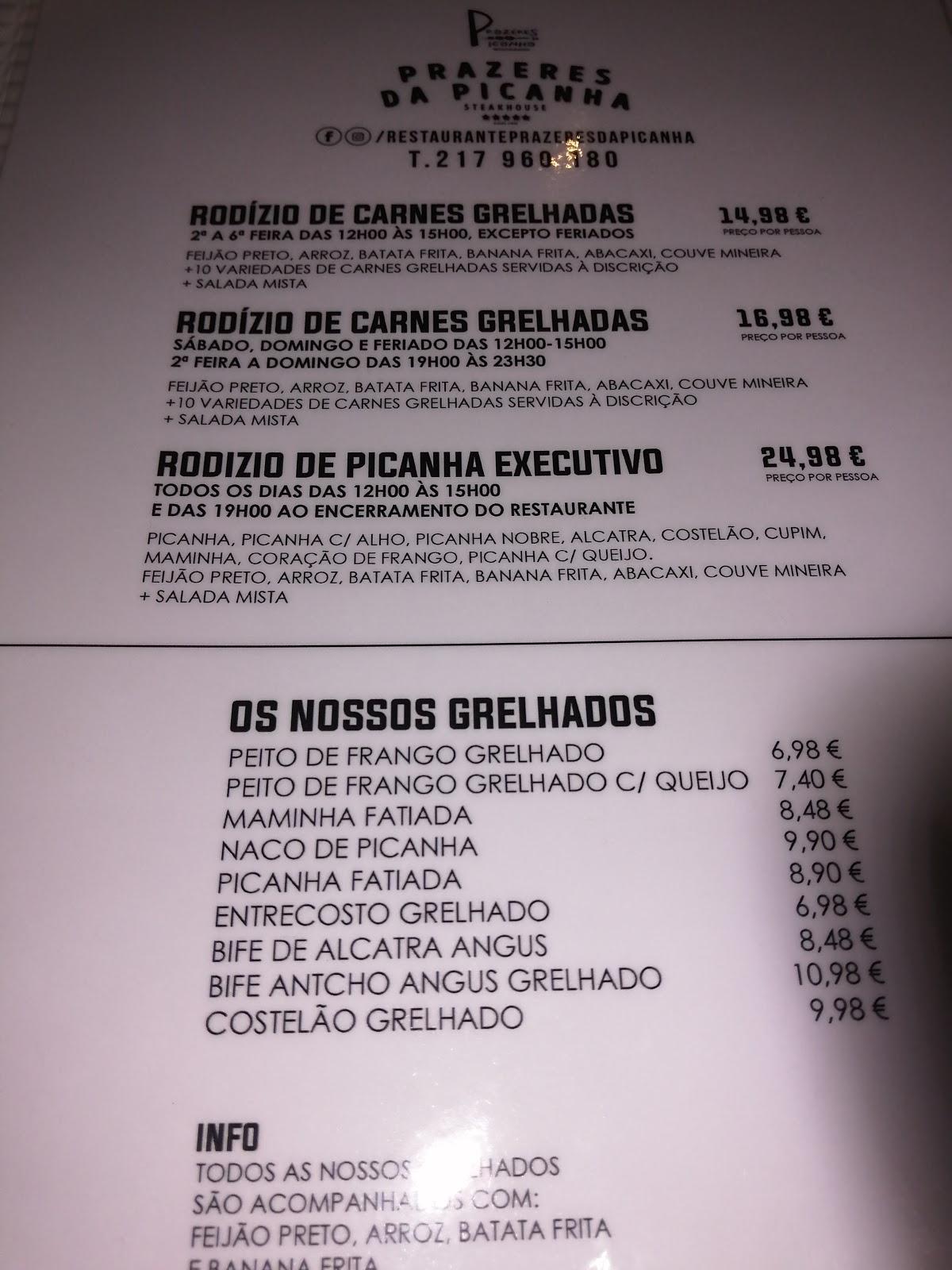 Menu at Prazeres da Picanha steakhouse, Lisbon, Av. Barbosa Du Bocage 48