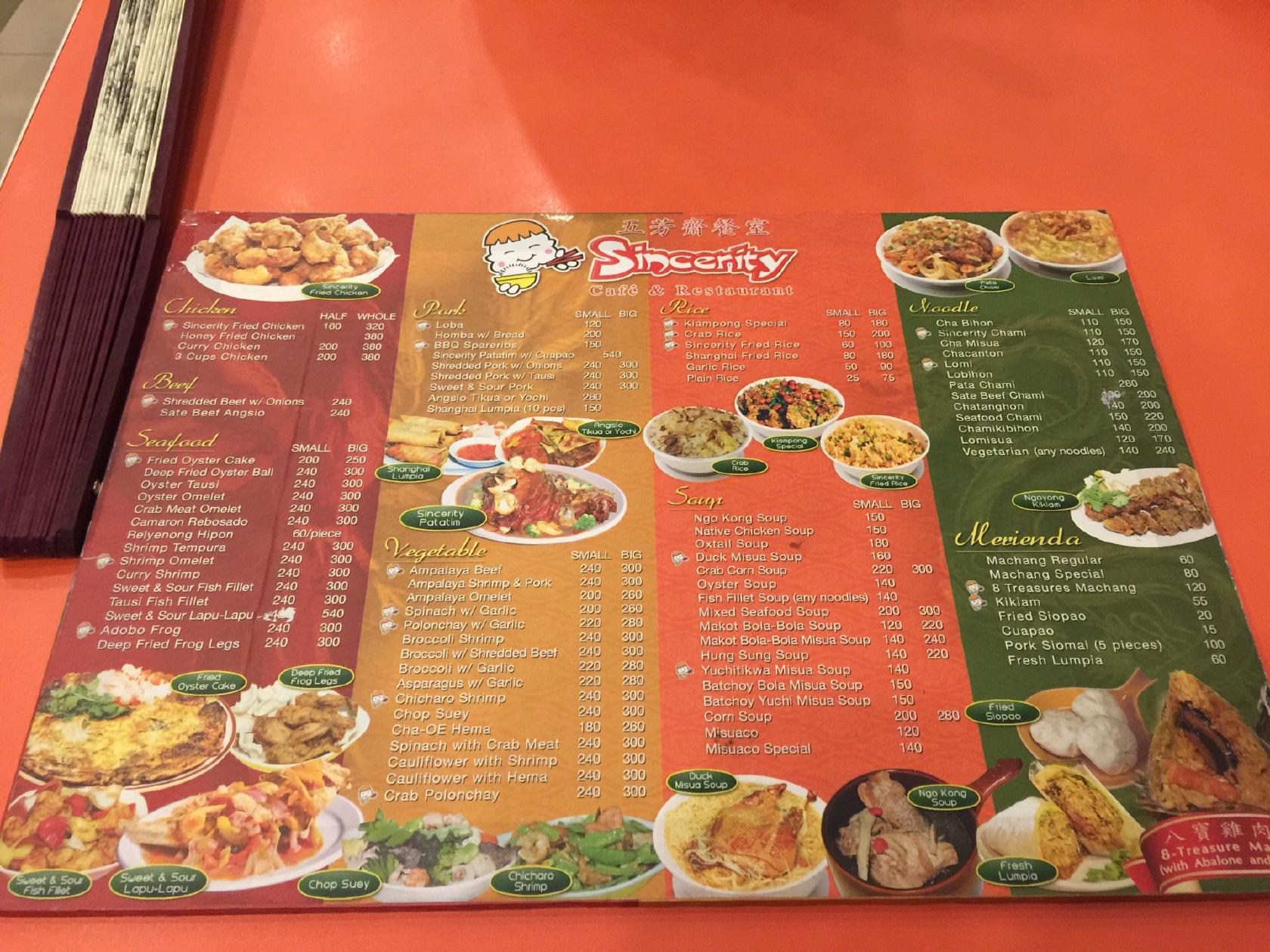 Menu at Sincerity Restaurant, Manila, 519 Quintin Paredes Rd