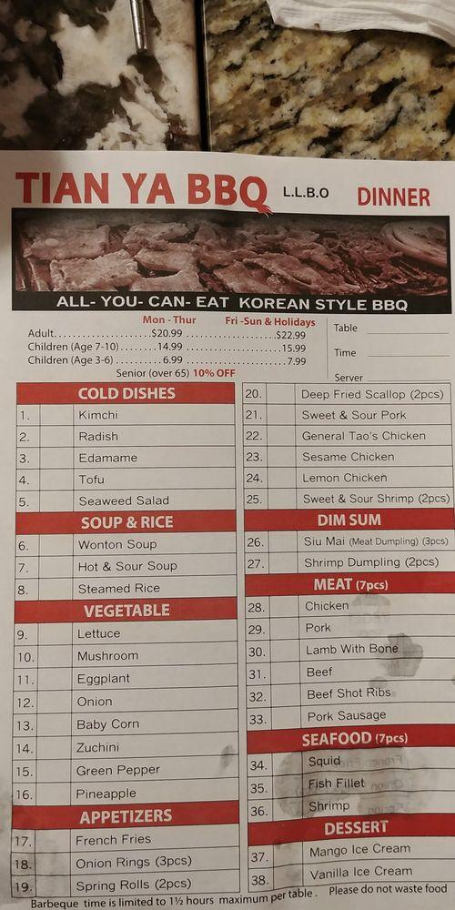 Menu at Tian Ya BBQ, Barrie