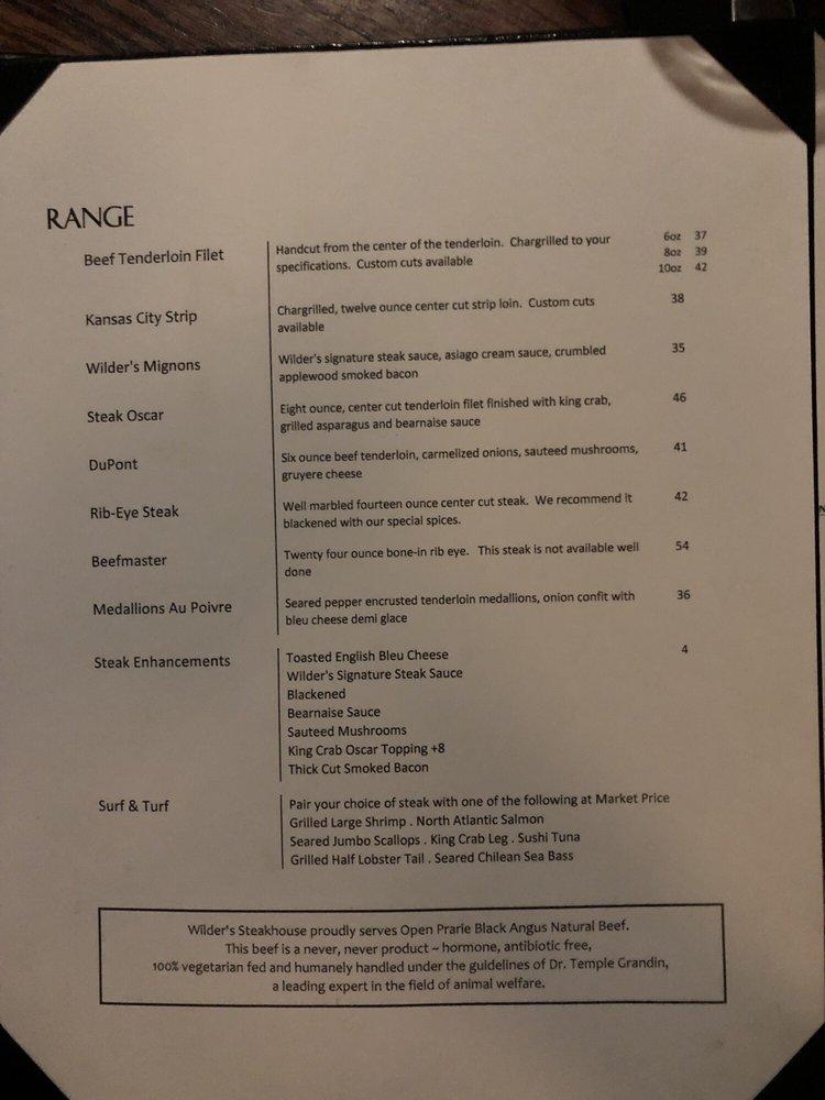 Menu at Wilder's Steakhouse, Joplin