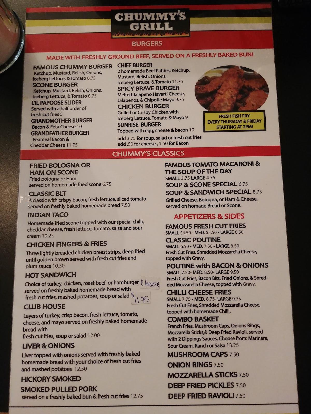 Menu at Chummy's Grill restaurant, Sault Ste. Marie