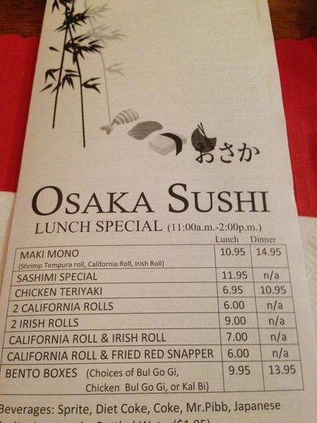 Menu at Osaka Sushi restaurant, Evans