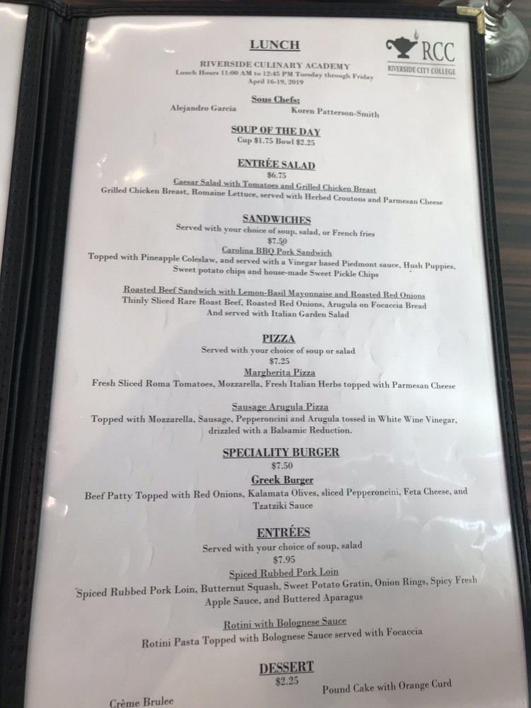 Menu at Riverside Community College Culinary Academy restaurant ...