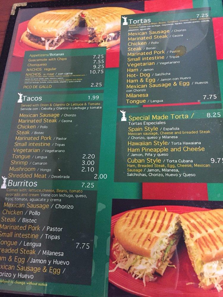 Menu at Taqueria El Sazon restaurant, Batavia