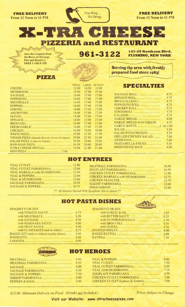 Menu at X-tra Cheese Pizza pizzeria, New York City