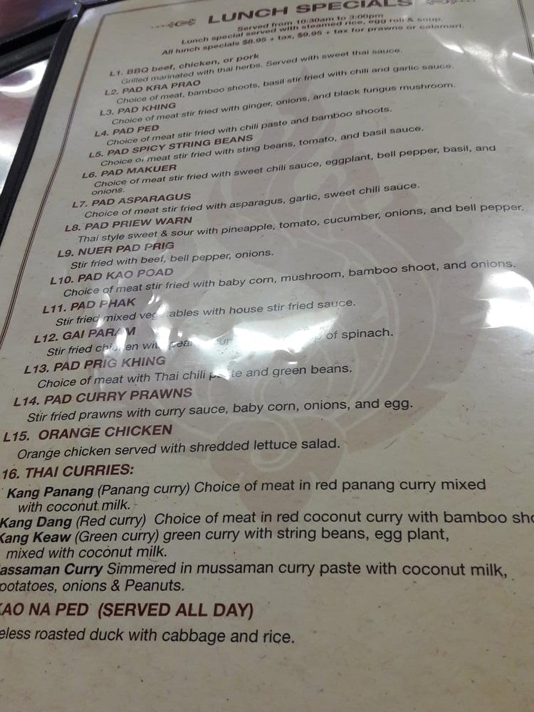 Menu at Bangkok Thai Restaurant, Merced