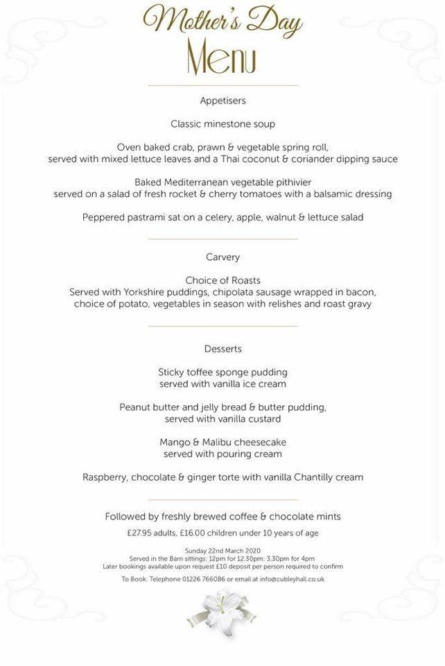 Menu at Cubley Hall pub & bar, Sheffield