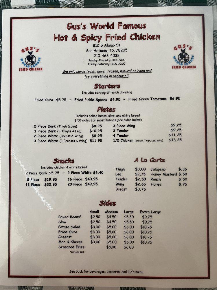 Carta del restaurante Gus’s World Famous Fried Chicken, San Antonio
