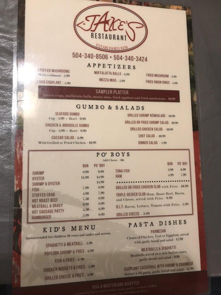 Menu at Jake's Seafood & Restaurant, Marrero