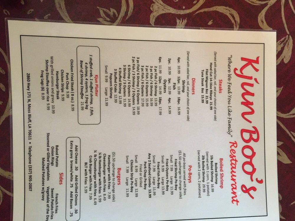 Menu at Kjun Boo's restaurant, Moss Bluff, US-171