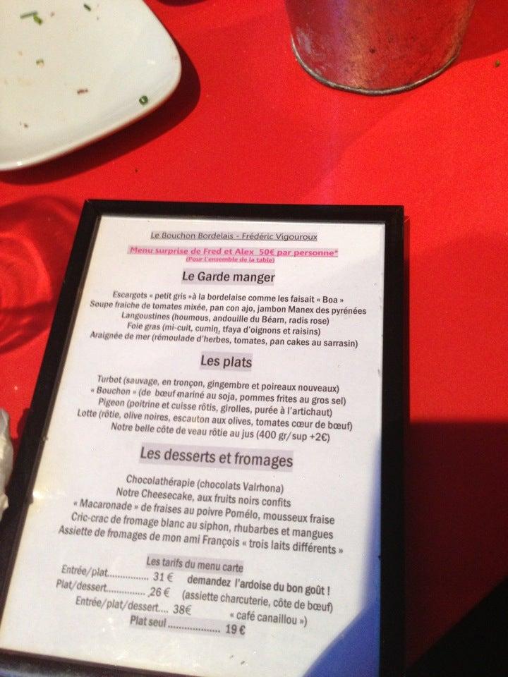 Menu at Le Bouchon Bordelais restaurant, Bordeaux