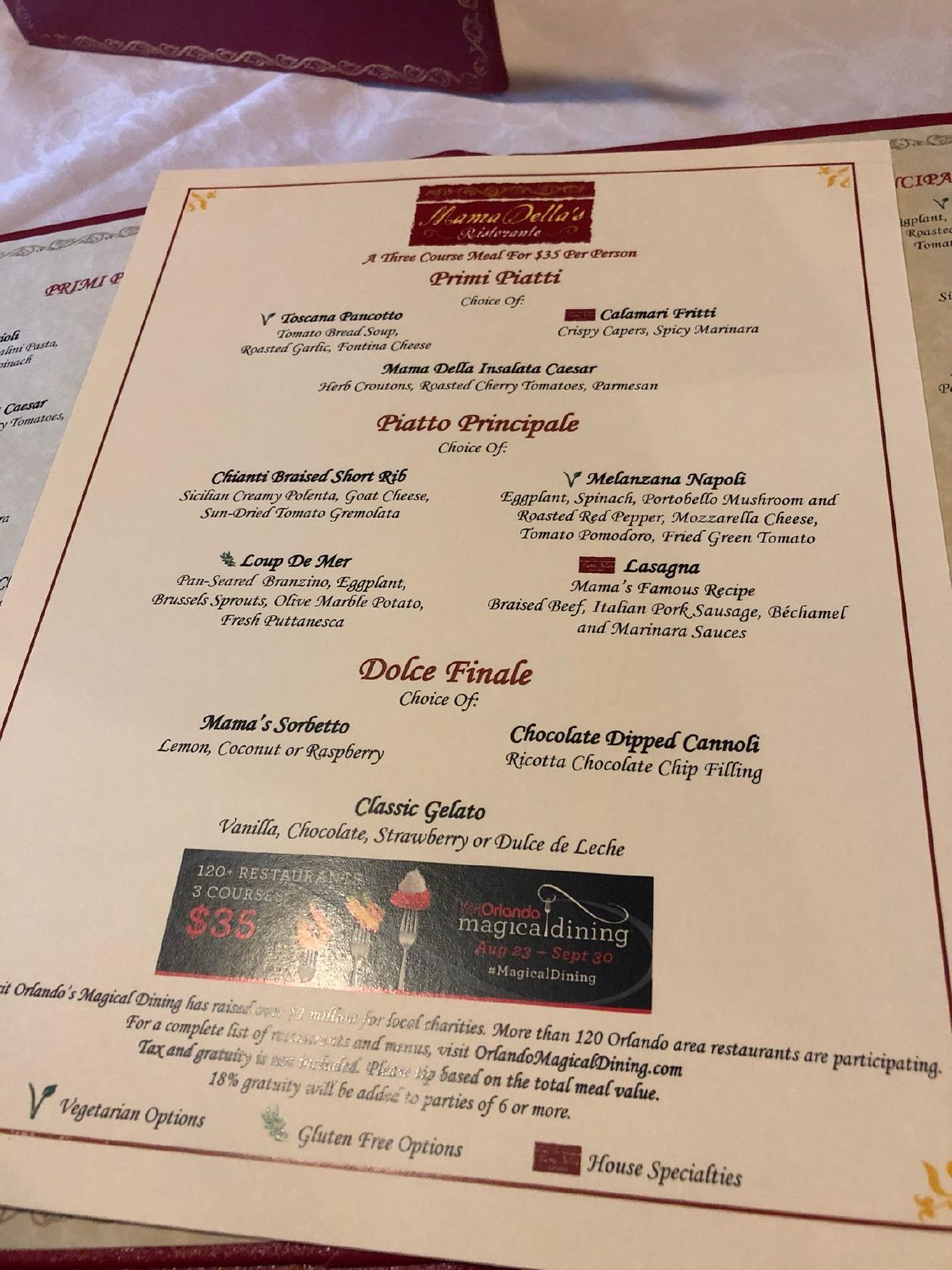 Carta del restaurante Mama Della's Ristorante, Orlando, Universal Blvd