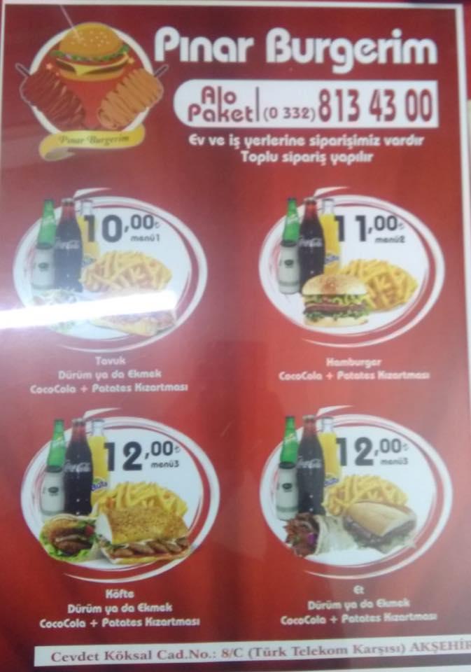 Menu at Pinar Burger, Akşehir