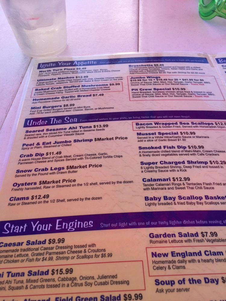 Menu at Racing's North Turn restaurant, Ponce Inlet