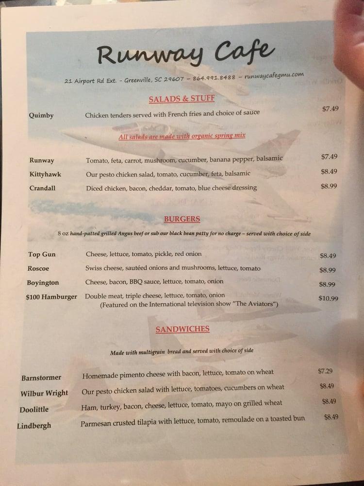 Menu at Runway Cafe at GMU, Greenville
