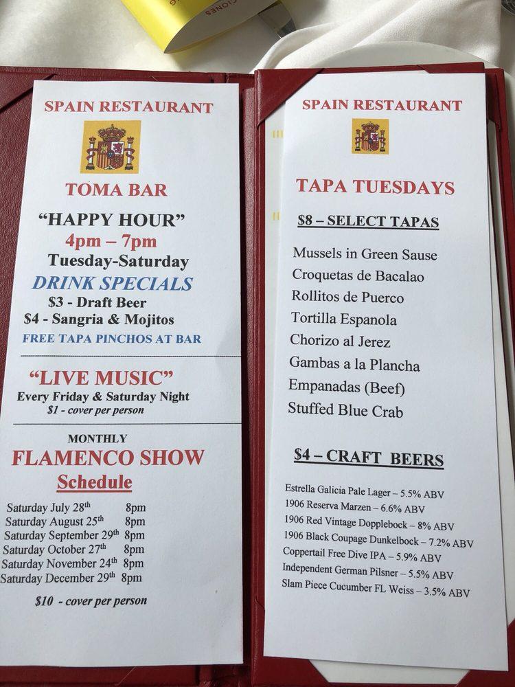 Menu at Spain Restaurant and Toma Bar, Tampa