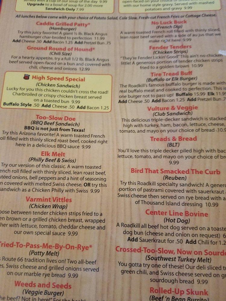 Menu at The Roadkill Cafe/O.K. Saloon, Seligman