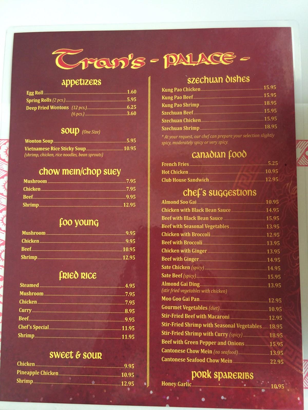 Menu at Tran's Palace Restaurant, Miramichi
