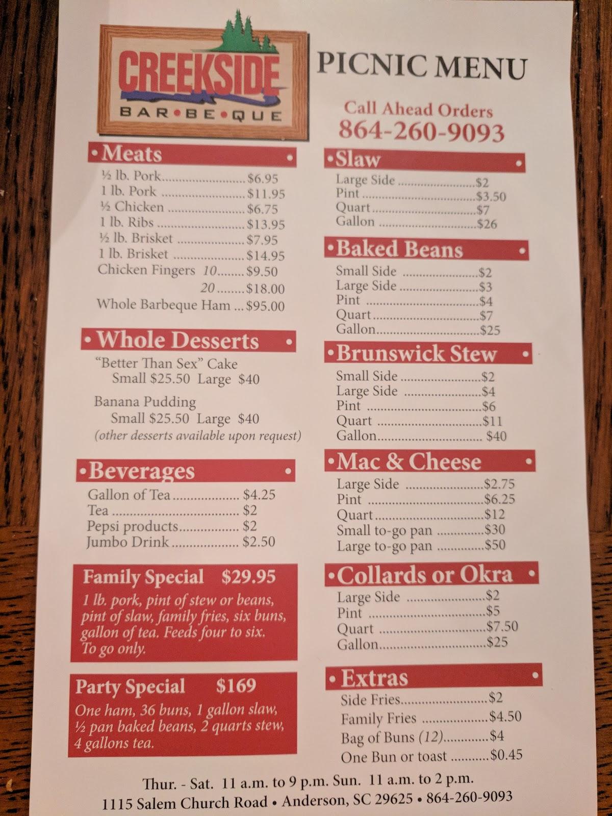 Menu at Creekside Bar-be-que, Anderson