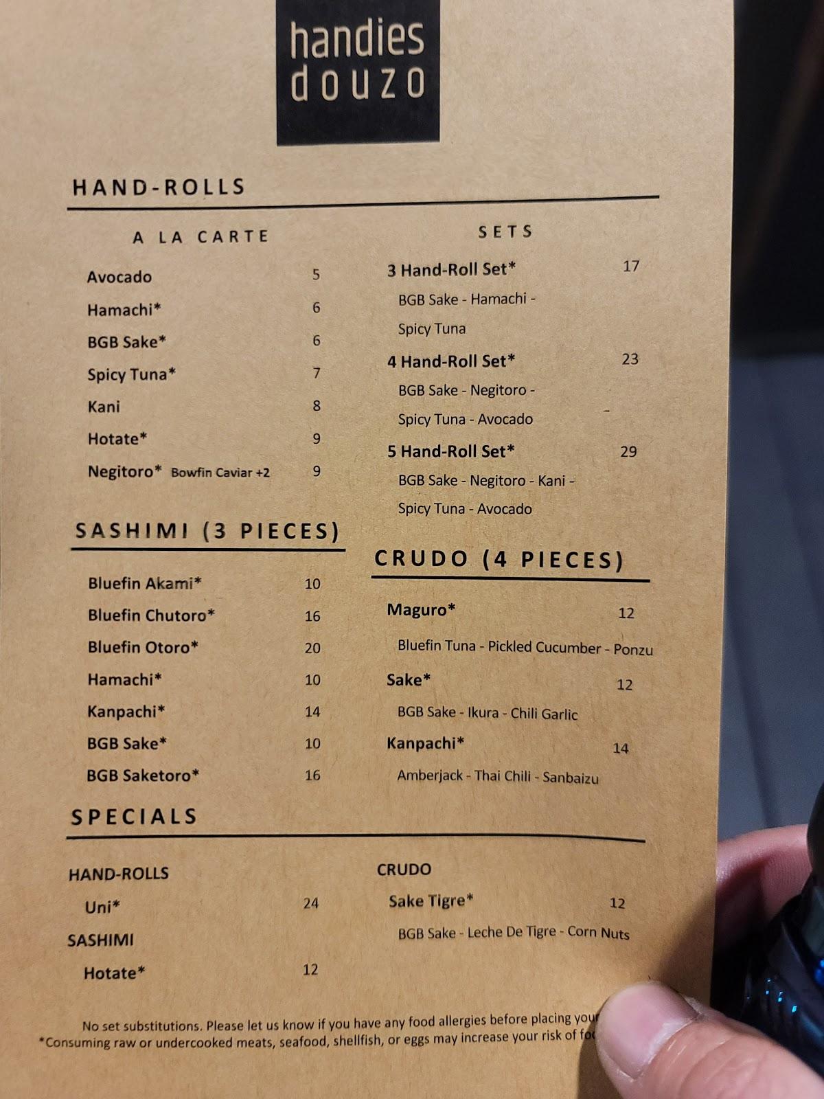 Menu at Handies Douzo restaurant, Houston, White Oak Dr