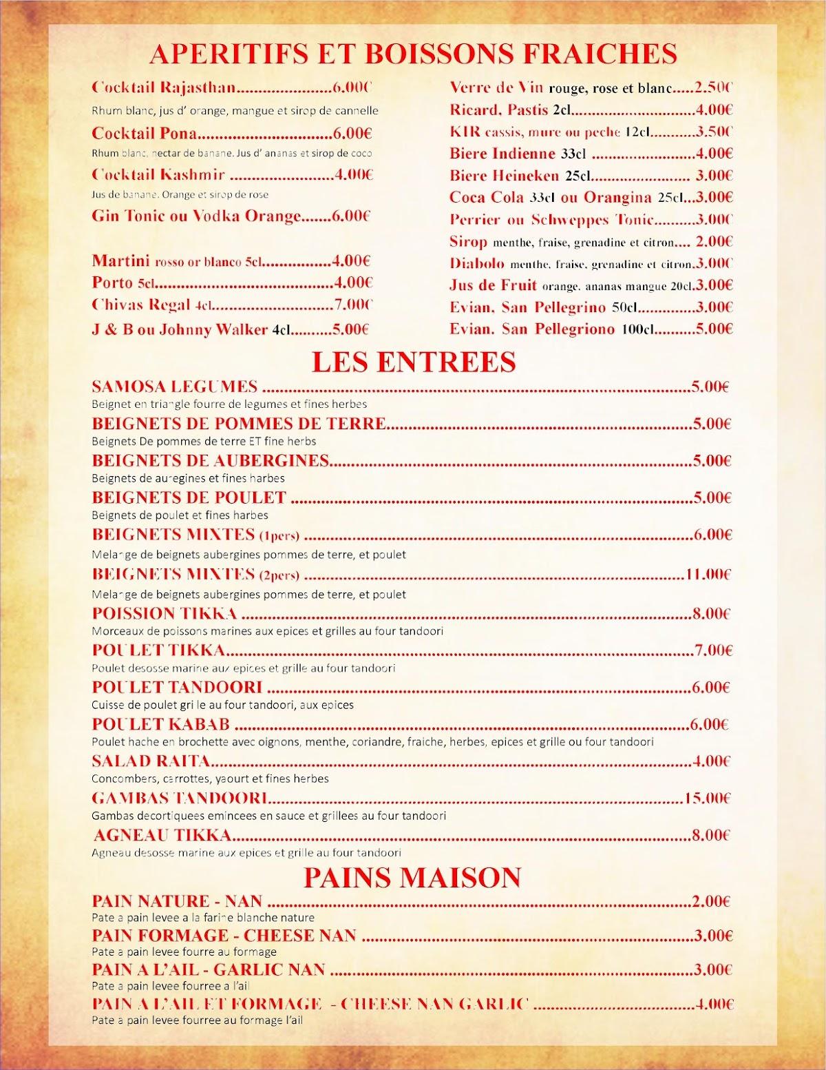 Menu au Restaurant Kashmir, Auxerre